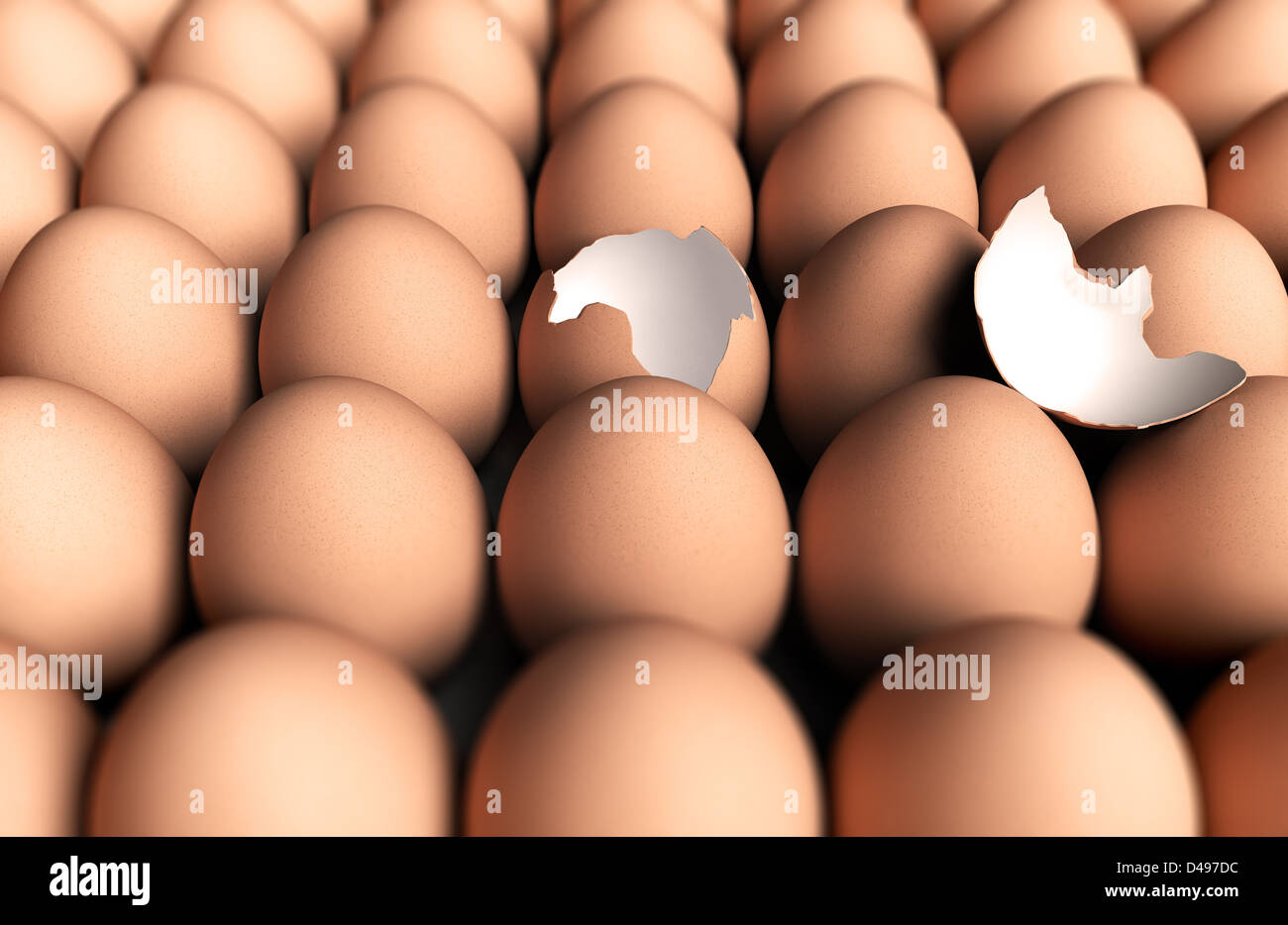 One broken egg in the middle of many whole eggs, blur effect with depth ...