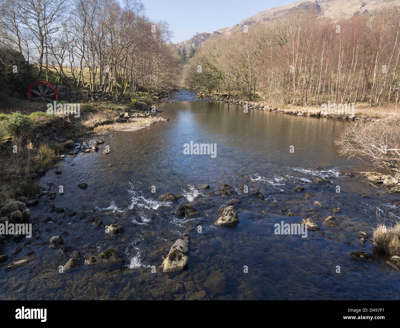View along the Afon Glaslyn River in Nant Gwynant valley in Snowdonia ...