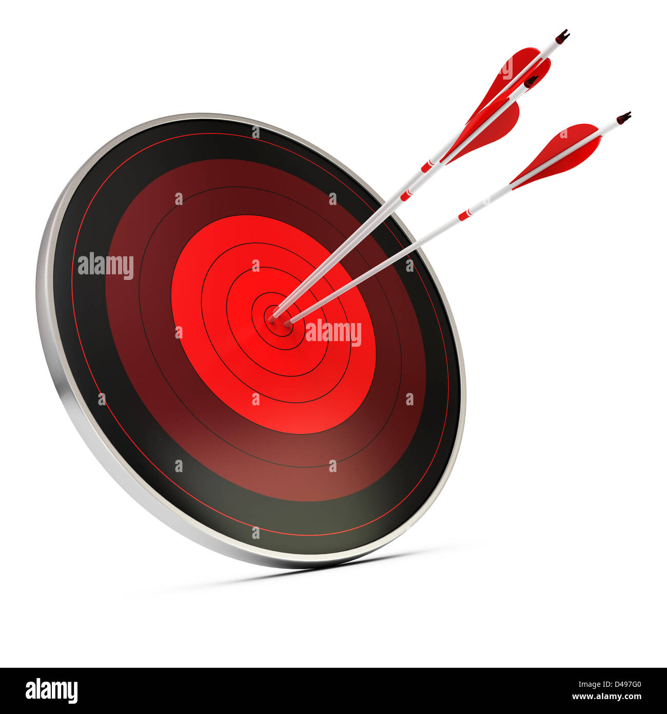 Three red arrows hitting the center of a red target or dart, white ...