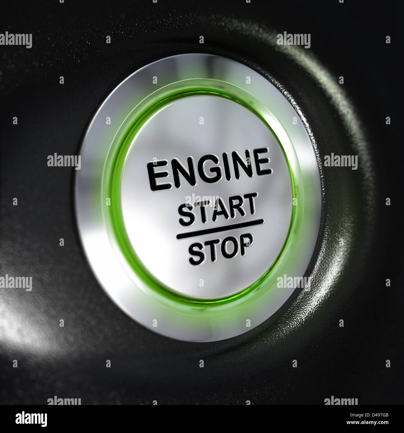 close up of a metallic engine start and stop button, green light, blur ...