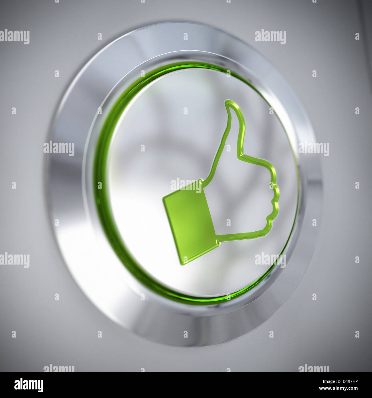 thumbs up symbol on a metal button, green color and light, like concept ...