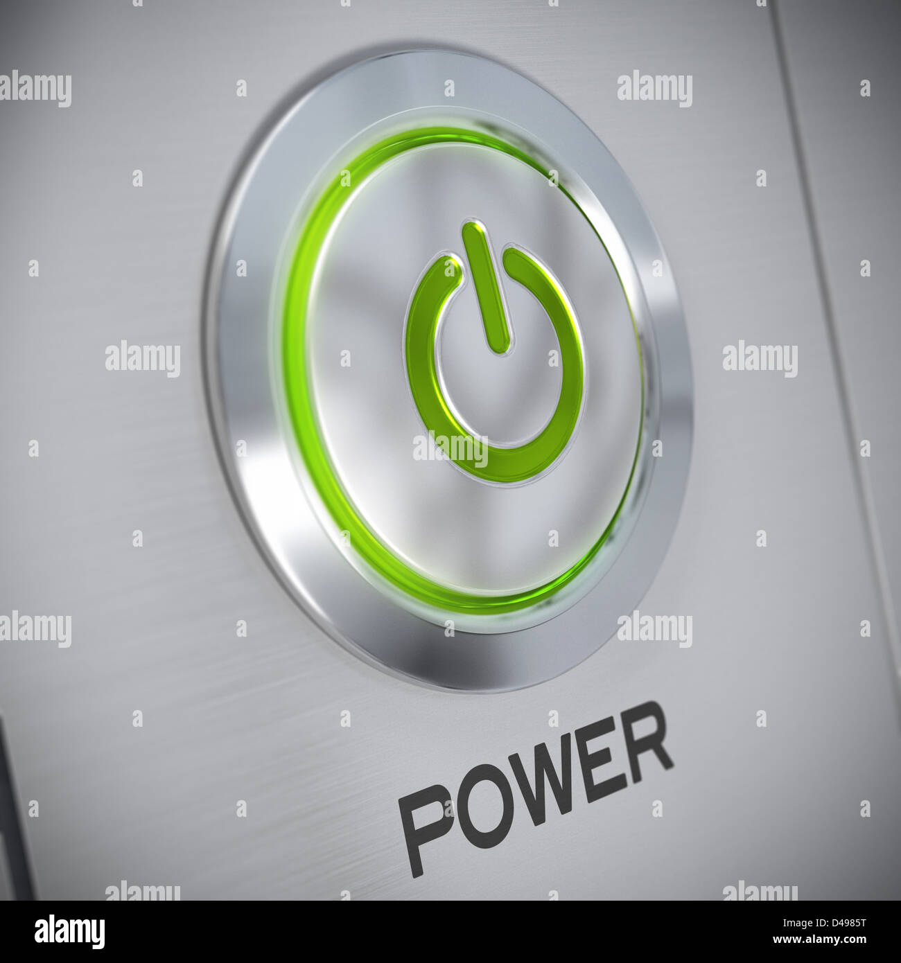 power button on a brushed aluminum panel with a green light and the ...