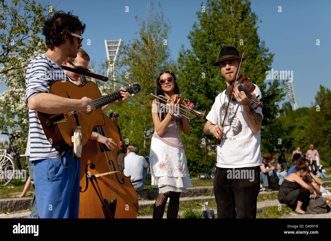 Berlin, Germany, the musicians play in the Wall Park in Prenzlauer Berg ...