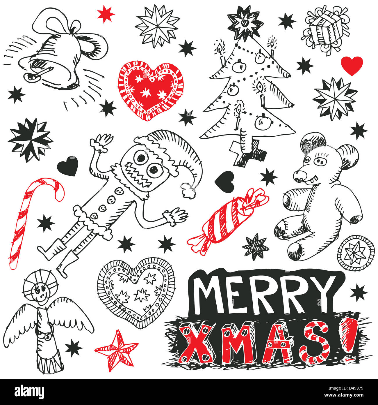 scribble Christmas, funny doodles, hand drawn design elements Stock ...