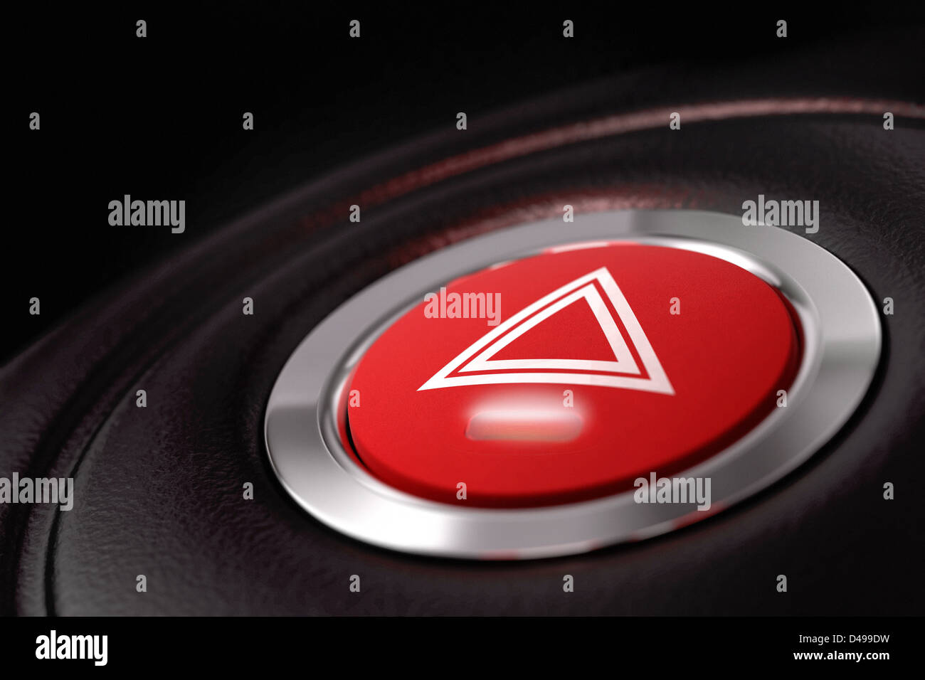 pushed red warning button with triangle pictogram, close up view and ...