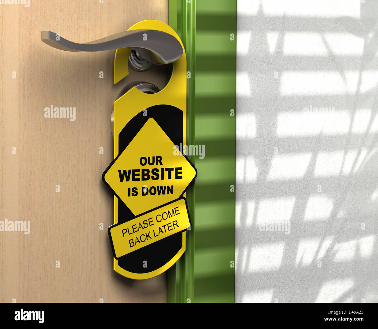 website down written onto a yellow door hanger, informative message ...