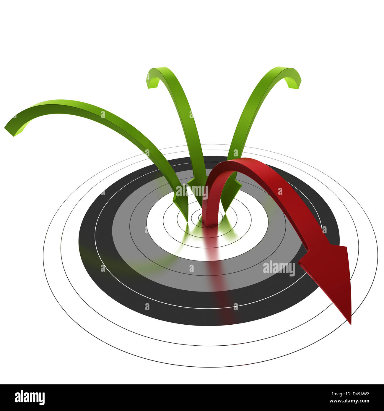 three green arrow reaching the center of a target and one bouncing out ...