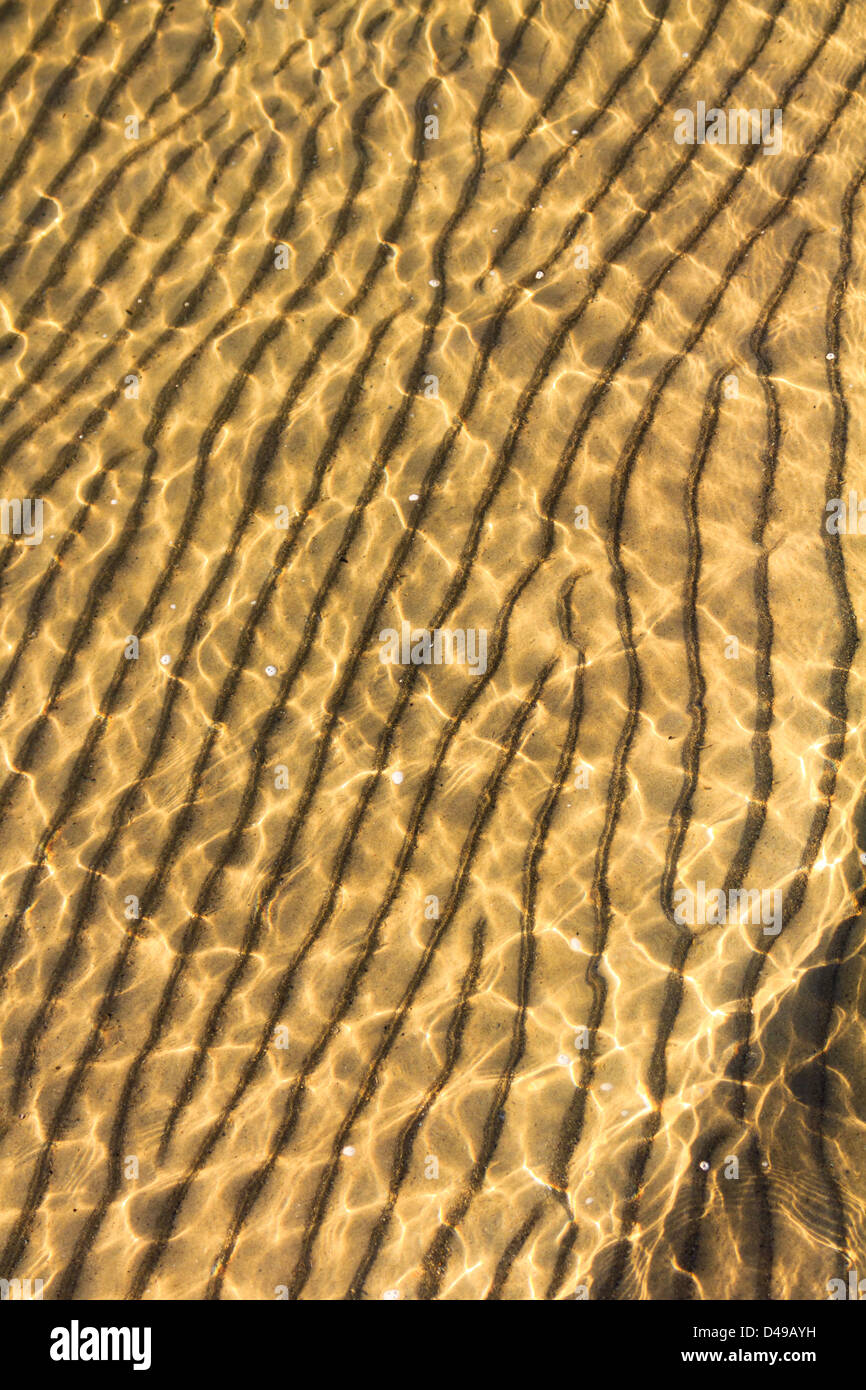 A small wave rolls over the rippled sand on a sunny sandy beach Stock ...