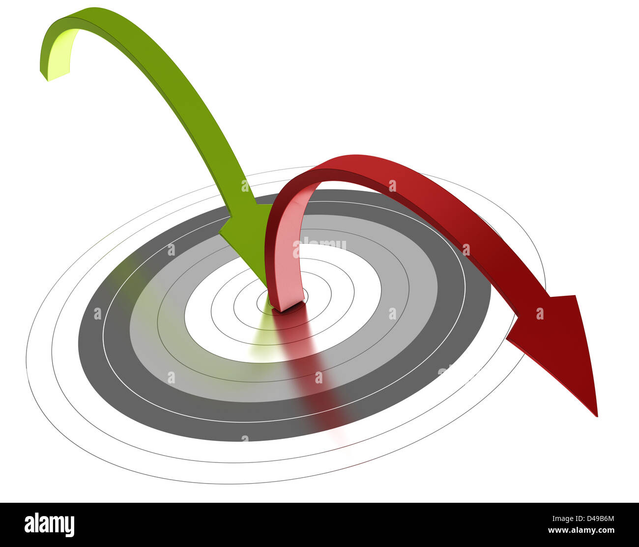 Green arrow reaching the center of a grey target and a red one bouncing ...