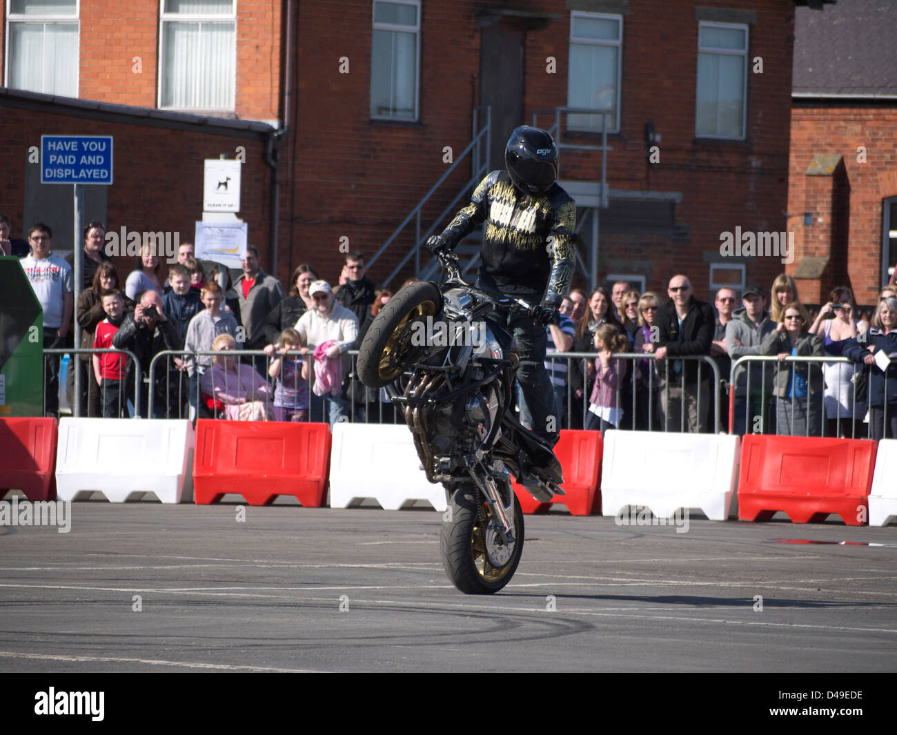 Stunt bike rider performing at Mablethorpe bike festival 2011 Stock ...