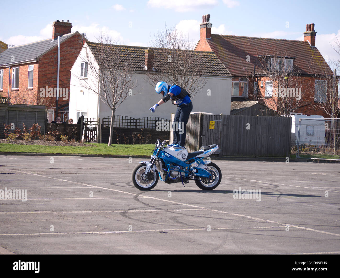 Stunt bike rider performing at Mablethorpe bike festival 2011 Stock ...