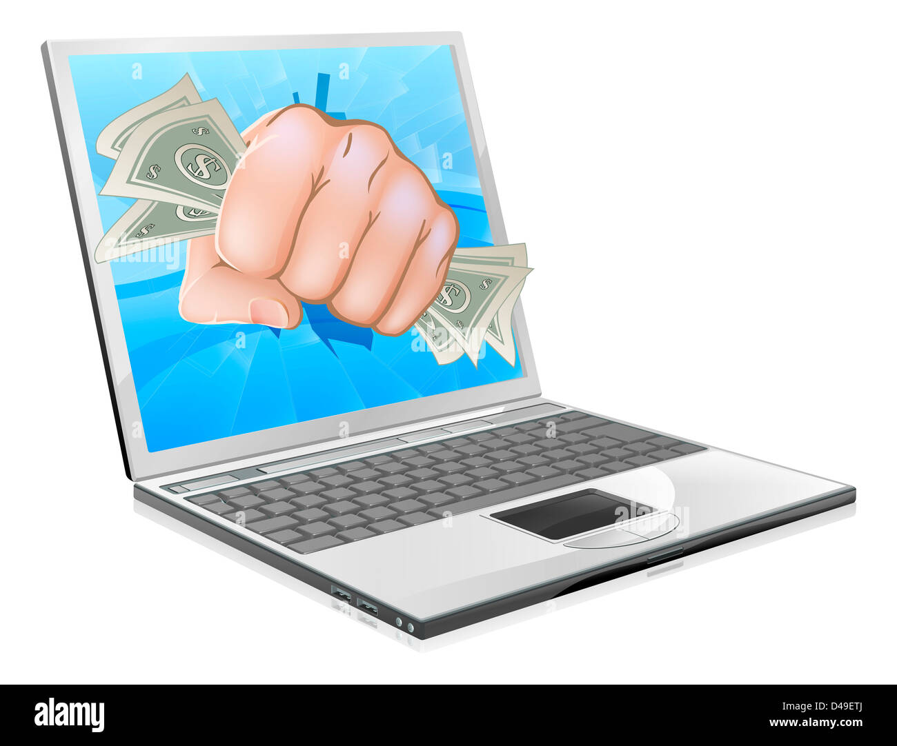 An illustration of a laptop computer with a fist full of dollars ...