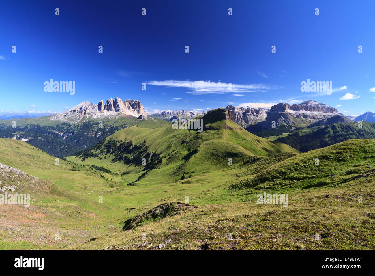 summer landscape of Italian Dolomites with Sella and Sassolungo groups ...