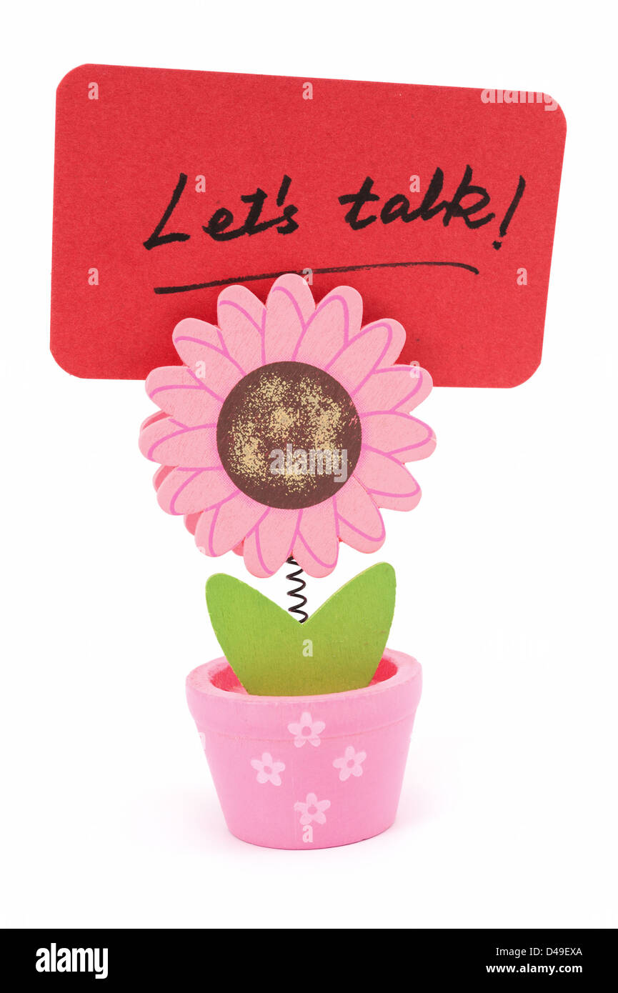 Let's talk words written on red paper of sun flower pot clip Stock ...