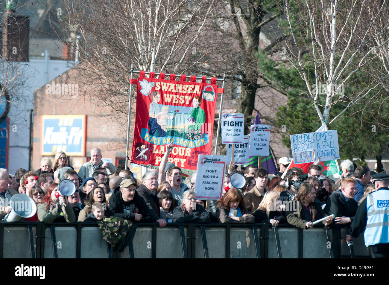 Swansea, UK. 9th March 2013. Anti Racism protestors shouting at the ...