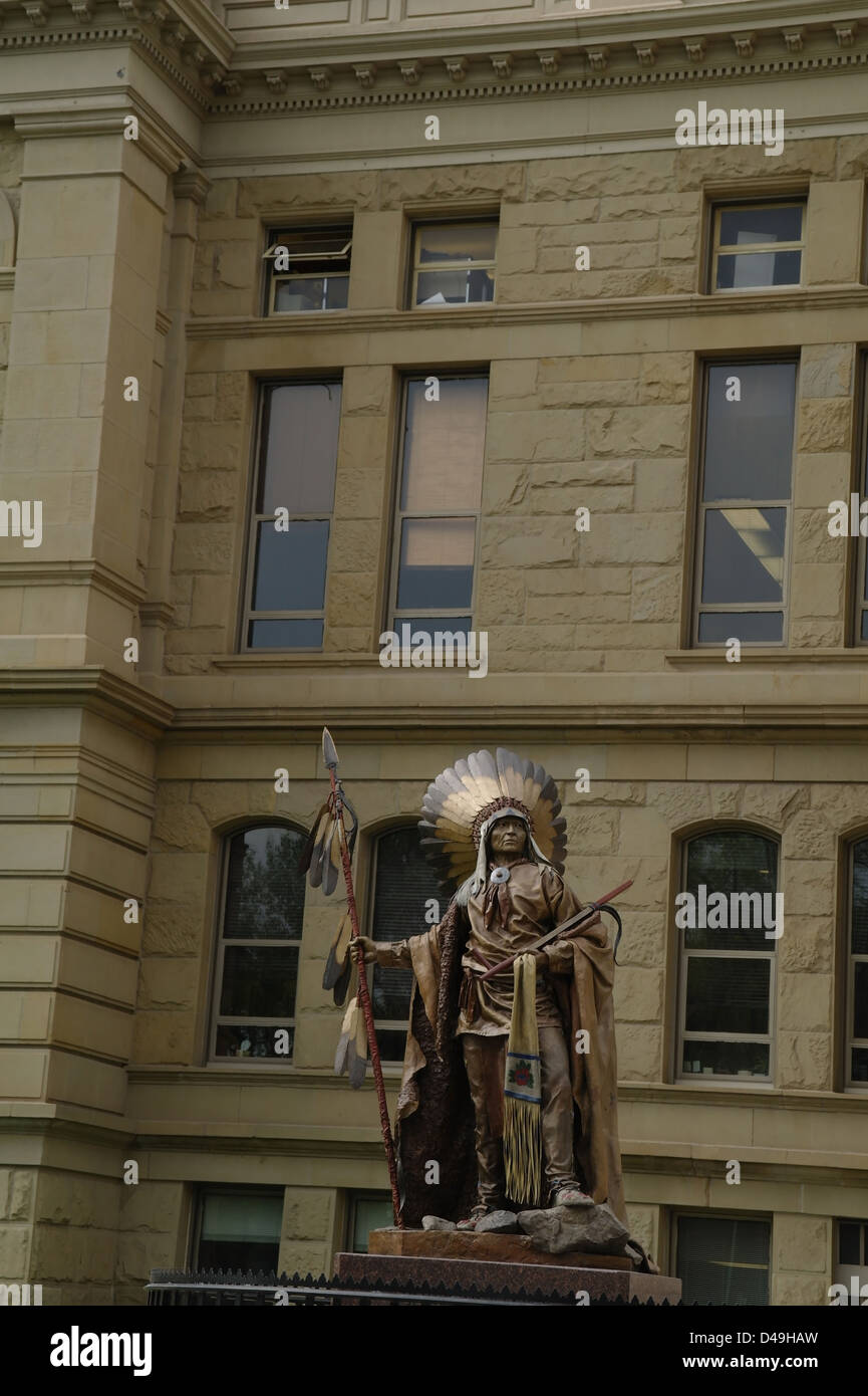 Portrait bronze statue Shoshone Chief Washakie standing front brown ...