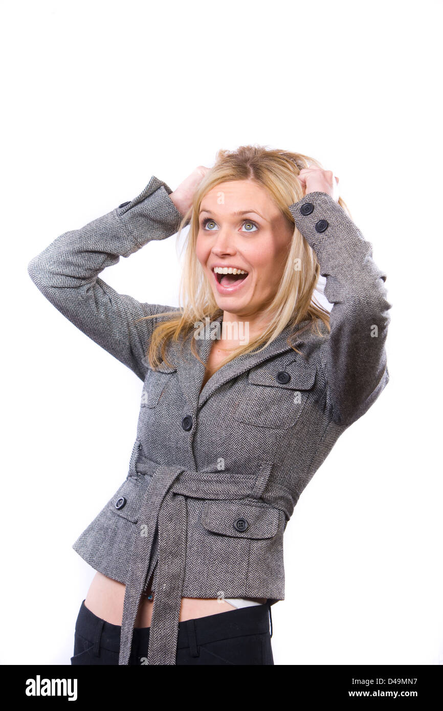 Business woman stressed out isolated on white Stock Photo - Alamy