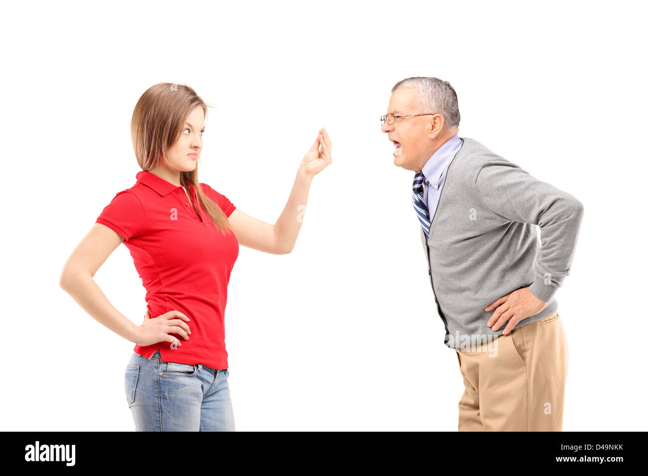 Angry father shouting at his daughter isolated on white background ...