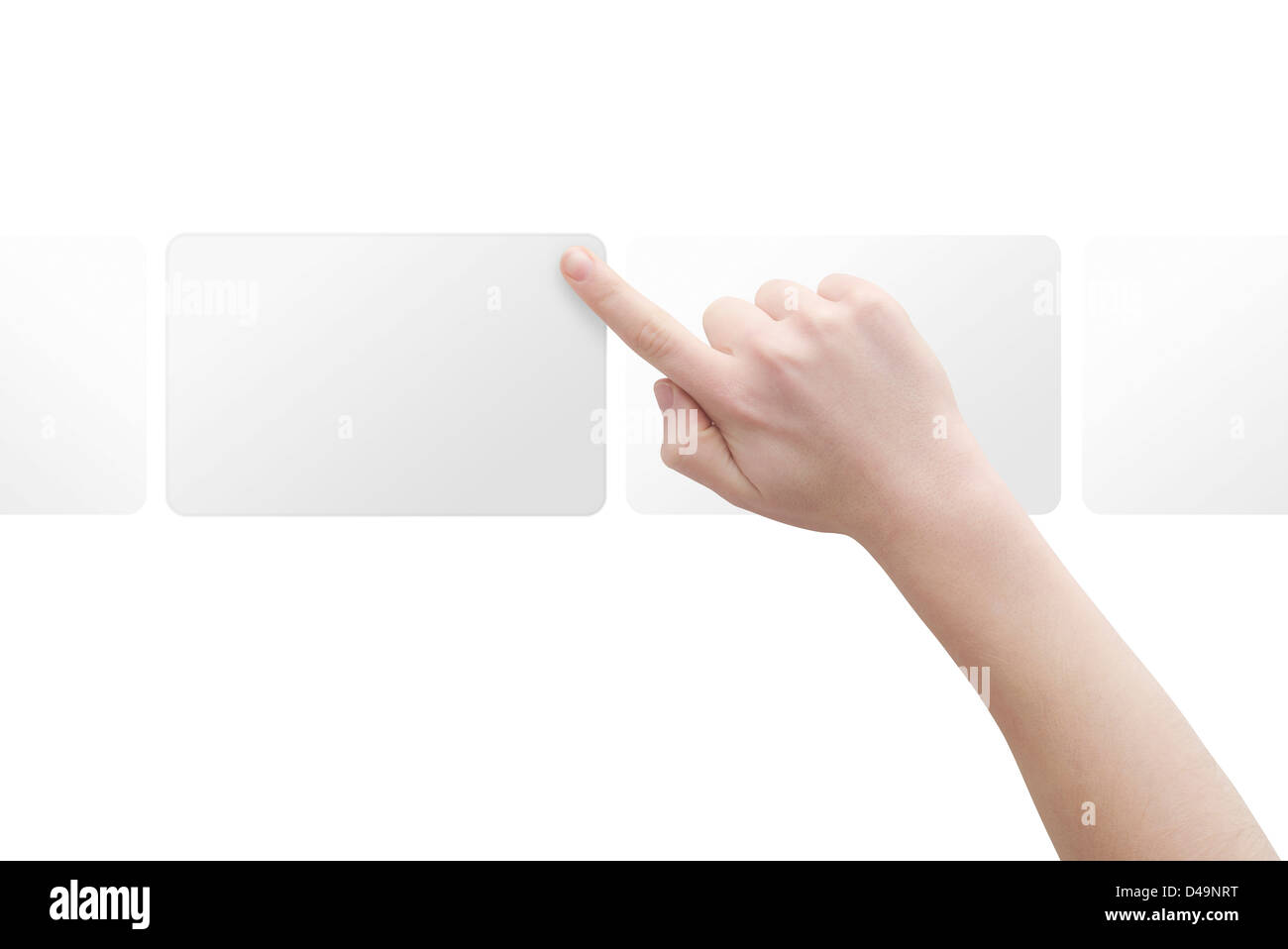 Right hand finger touching virtual transparent frames, white background ...