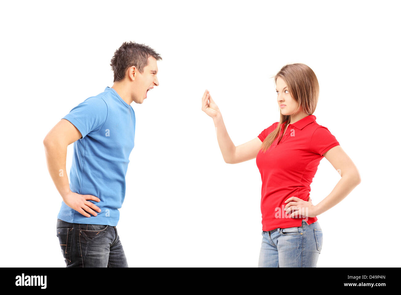 Young man and woman having an argument isolated on white background ...