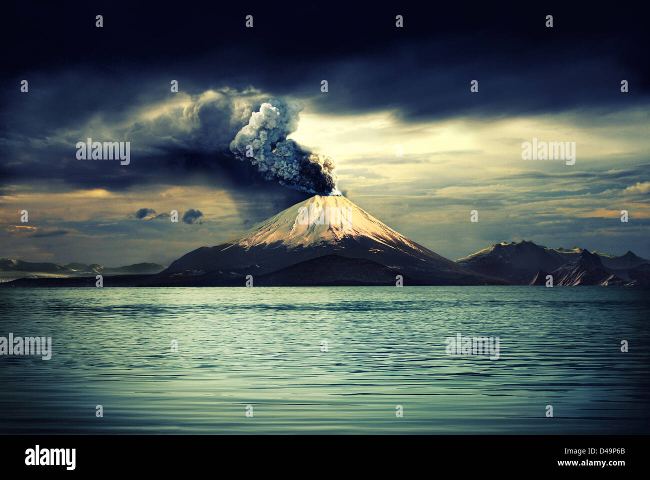 Erupting volcano near water - illustration Stock Photo - Alamy