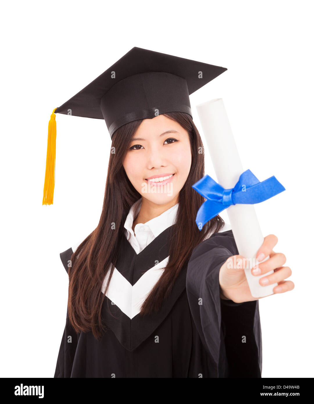 smiling Graduate woman Holding Degree Isolated On white Background ...