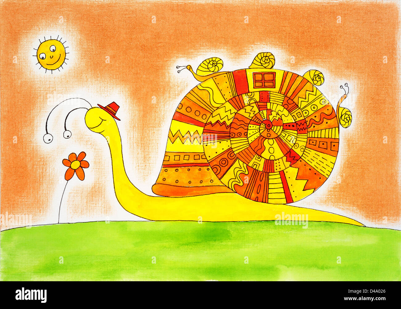Snail family, child's drawing, watercolor painting on paper Stock Photo ...