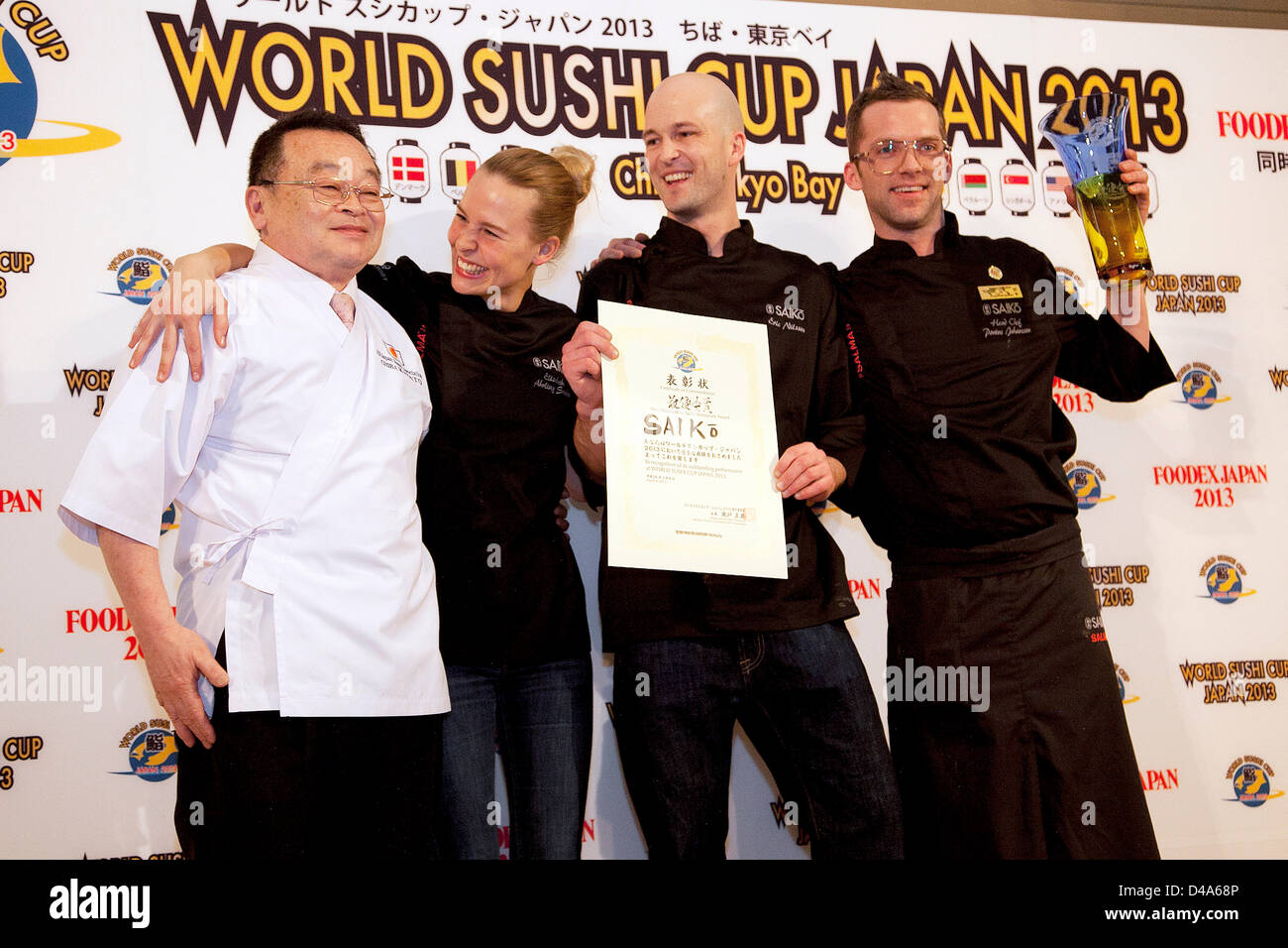 March 8, 2013, Chiba, Japan - Staff of the restaurant "Saiko" from ...