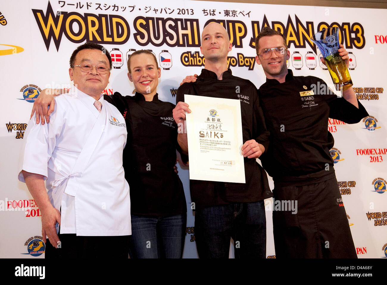 March 8, 2013, Chiba, Japan - Staff of the restaurant "Saiko" from ...