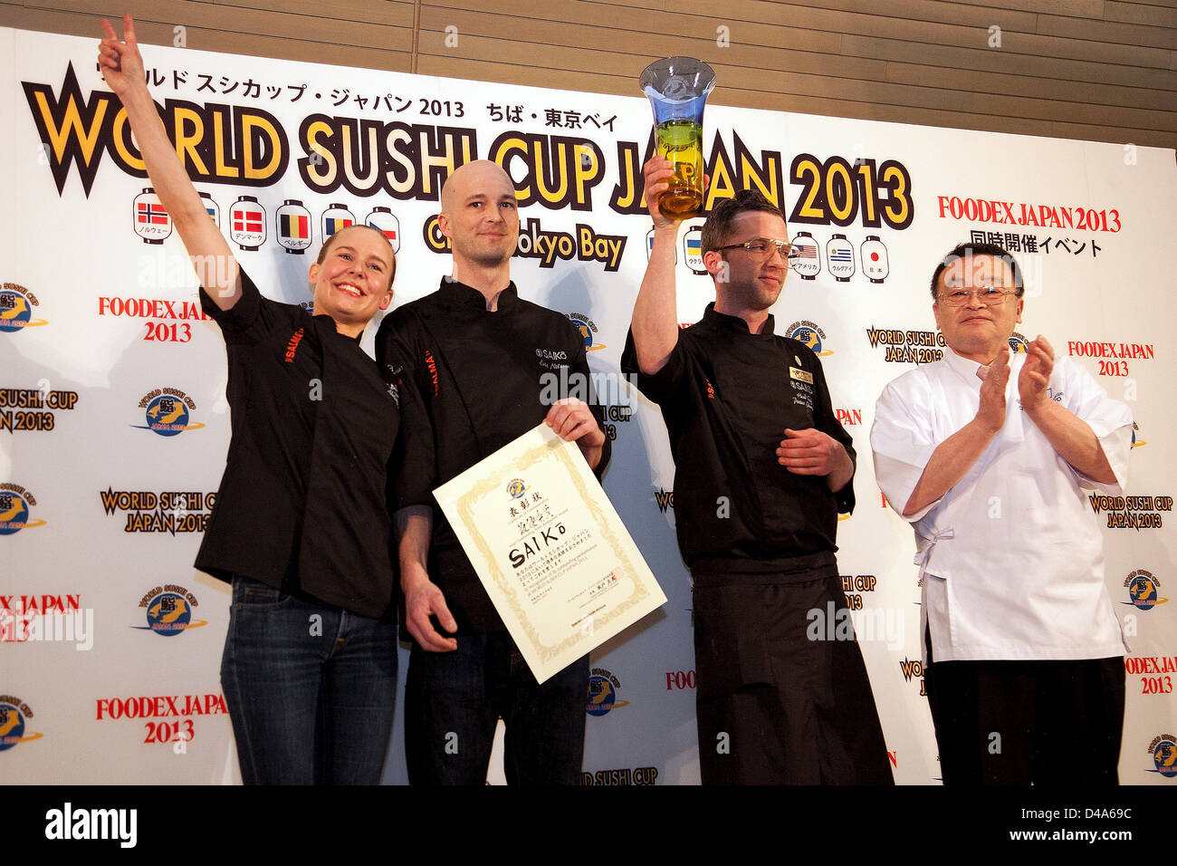 March 8, 2013, Chiba, Japan - Staff of the restaurant "Saiko" from ...