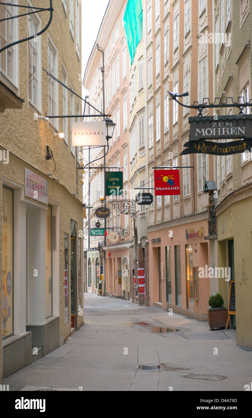 View of famous Getreidegasse street in Salzburg, Austria. It's a busy ...