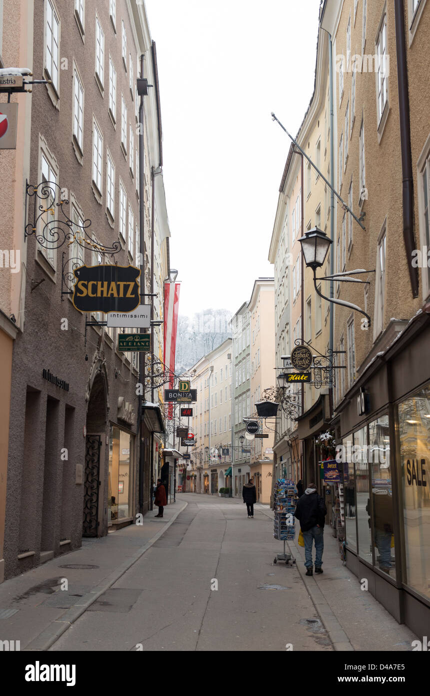 View of famous Getreidegasse street in Salzburg, Austria. It's a busy ...