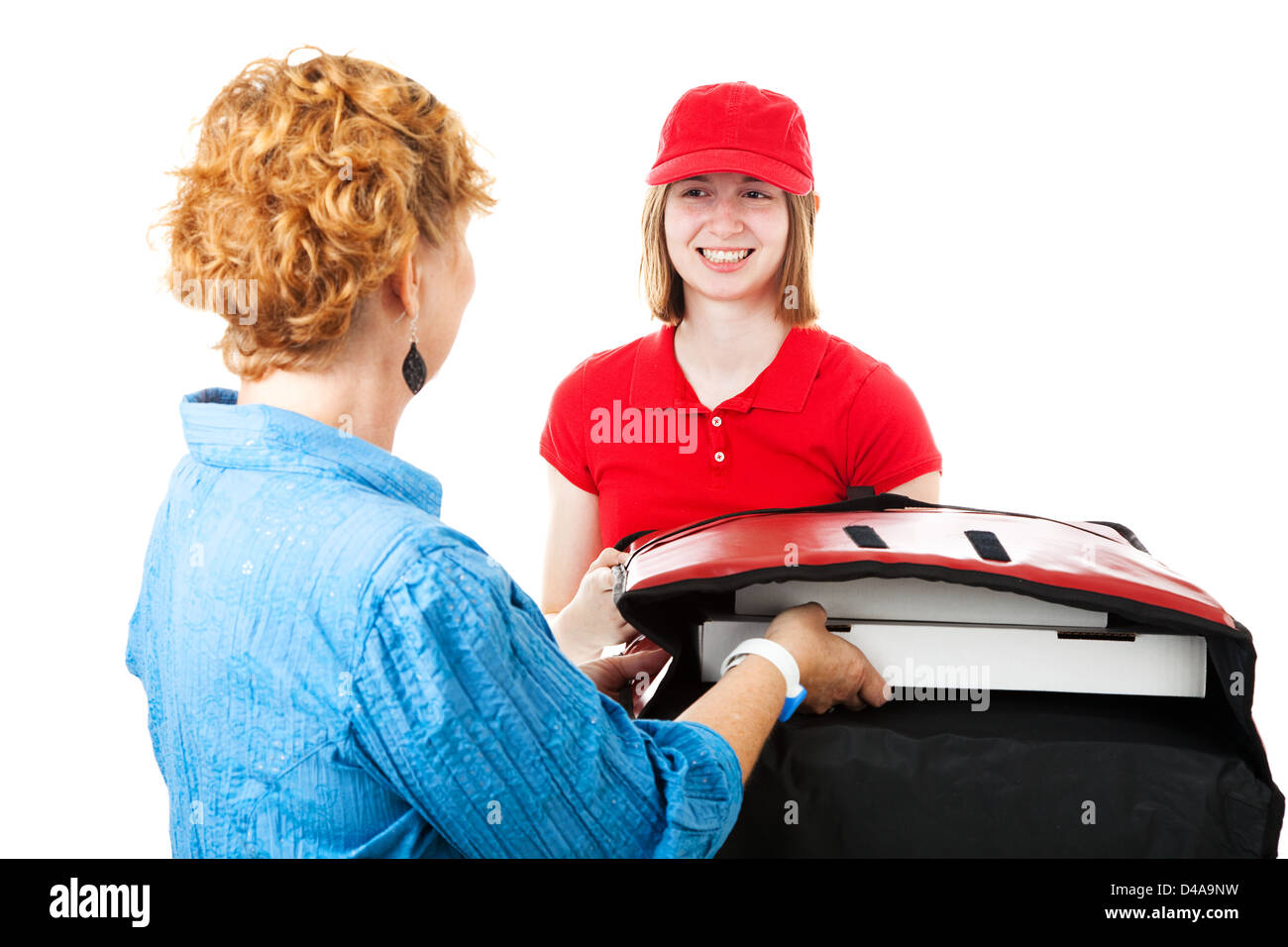 Teenage girl delivering pizza to a hungry customer. Isolated on white ...