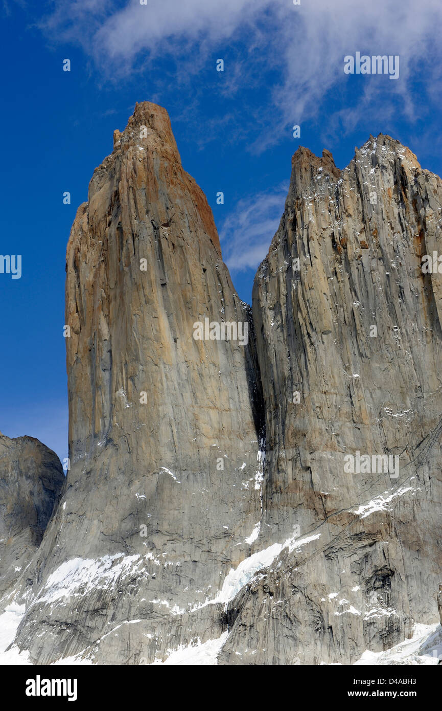 The granite spires of the Torres del Paine from the west looking across ...