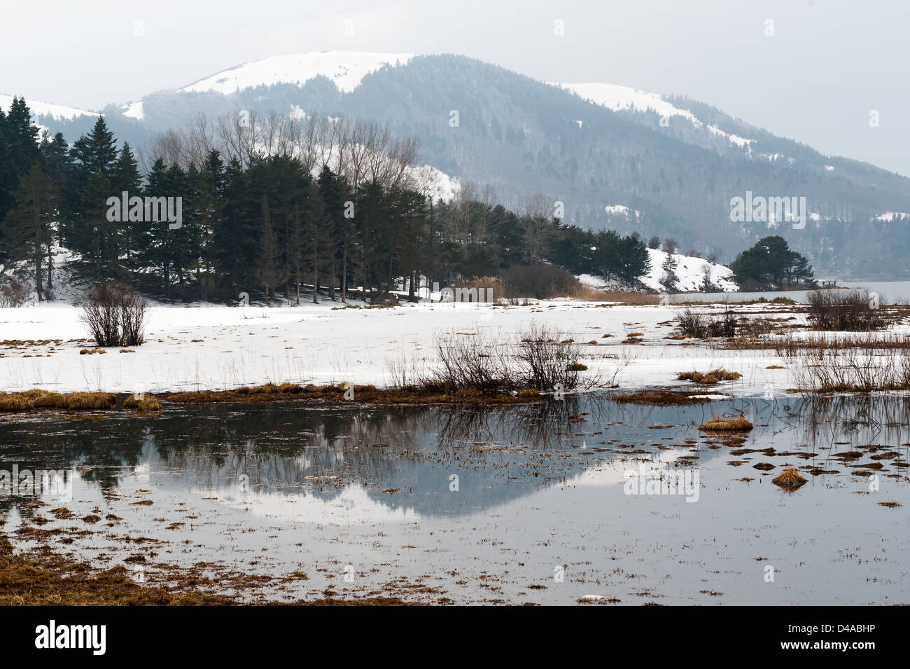 Snowy mountains reflection view of Abant lake Bolu Turkey Stock Photo ...