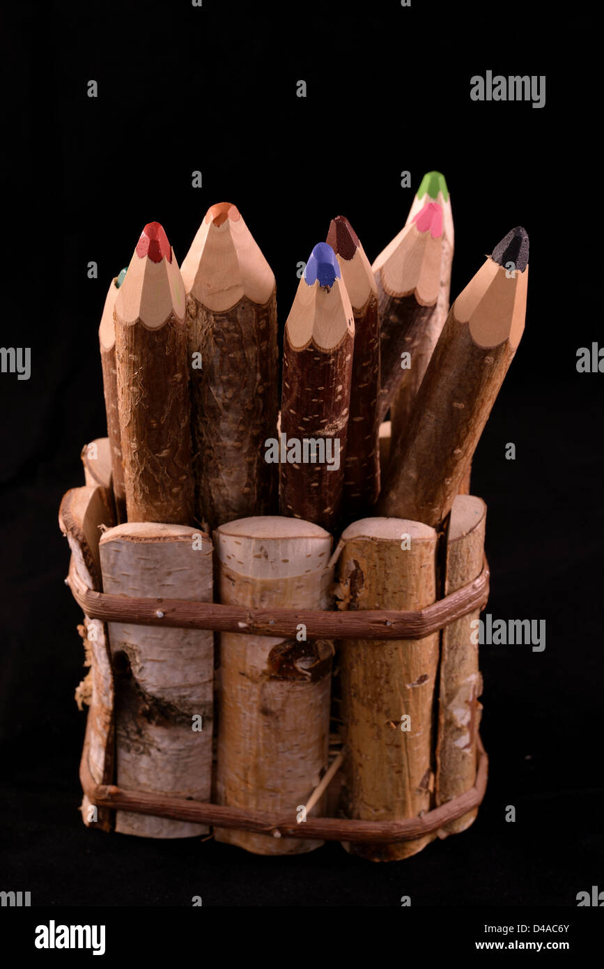 set of pencils stylized tree branch. isolated on the black Stock Photo ...