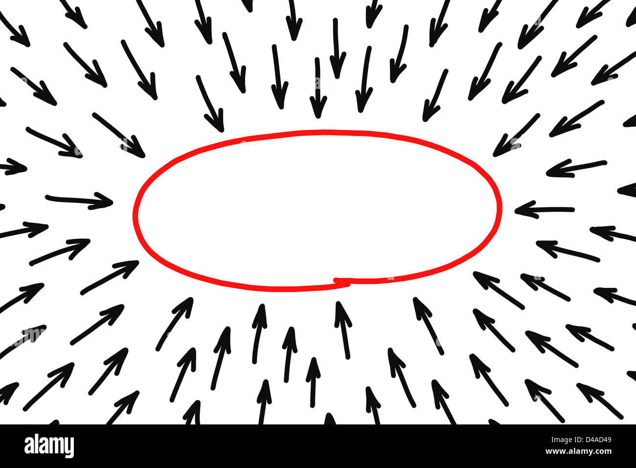 Blank red oval shape on white background with many black arrows ...