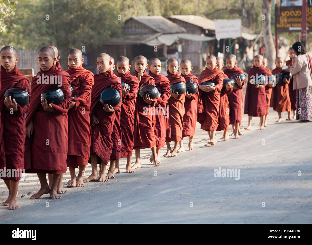 Buddhist monks receiving rice in Bagan rural Burma Stock Photo - Alamy