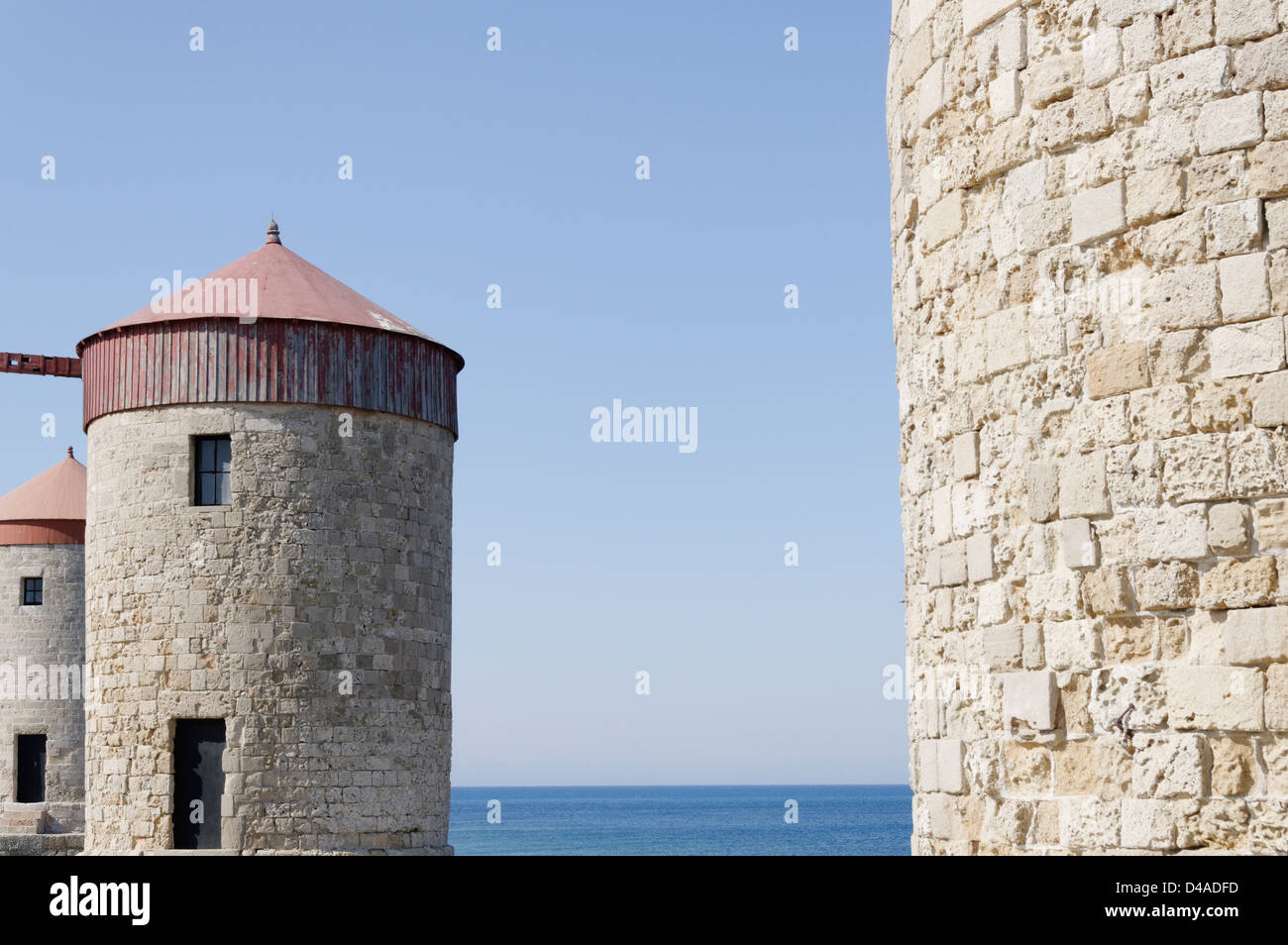 Rhodes. Greece. Medieval windmills located on the promontory which ...