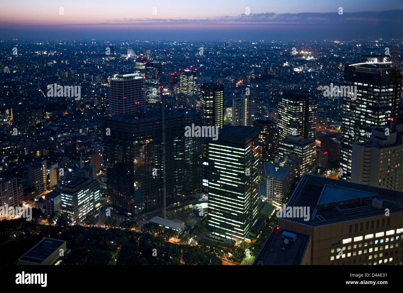 Evening city skyline aerial view of skyscraper high-rise corporate ...
