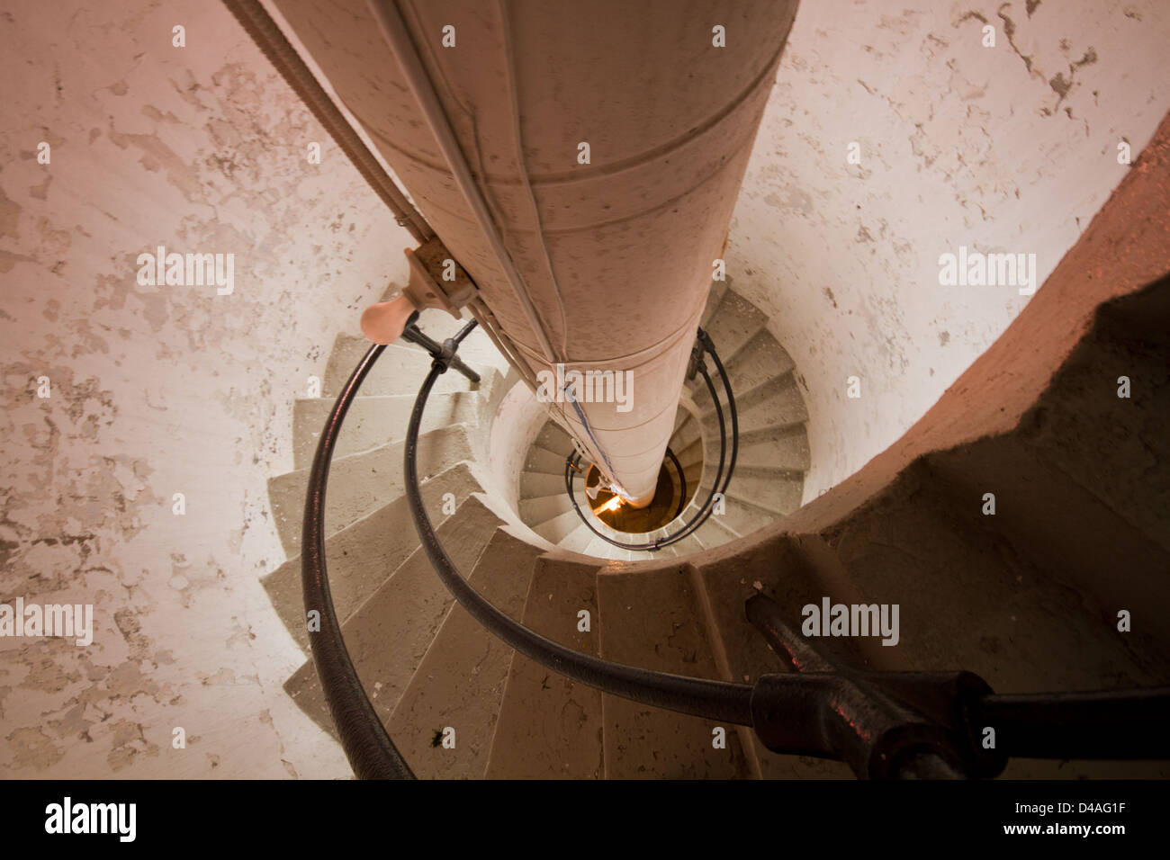 Wide-angle view down a spiral stairs in Matane lighthouse-Canada Stock ...