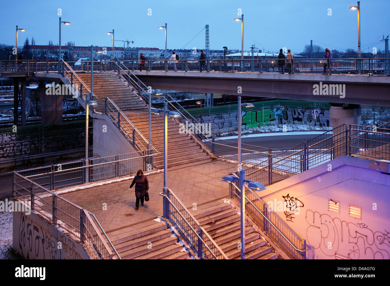 Berlin, Germany, pedestrians on railroad station Warschauer Strasse ...