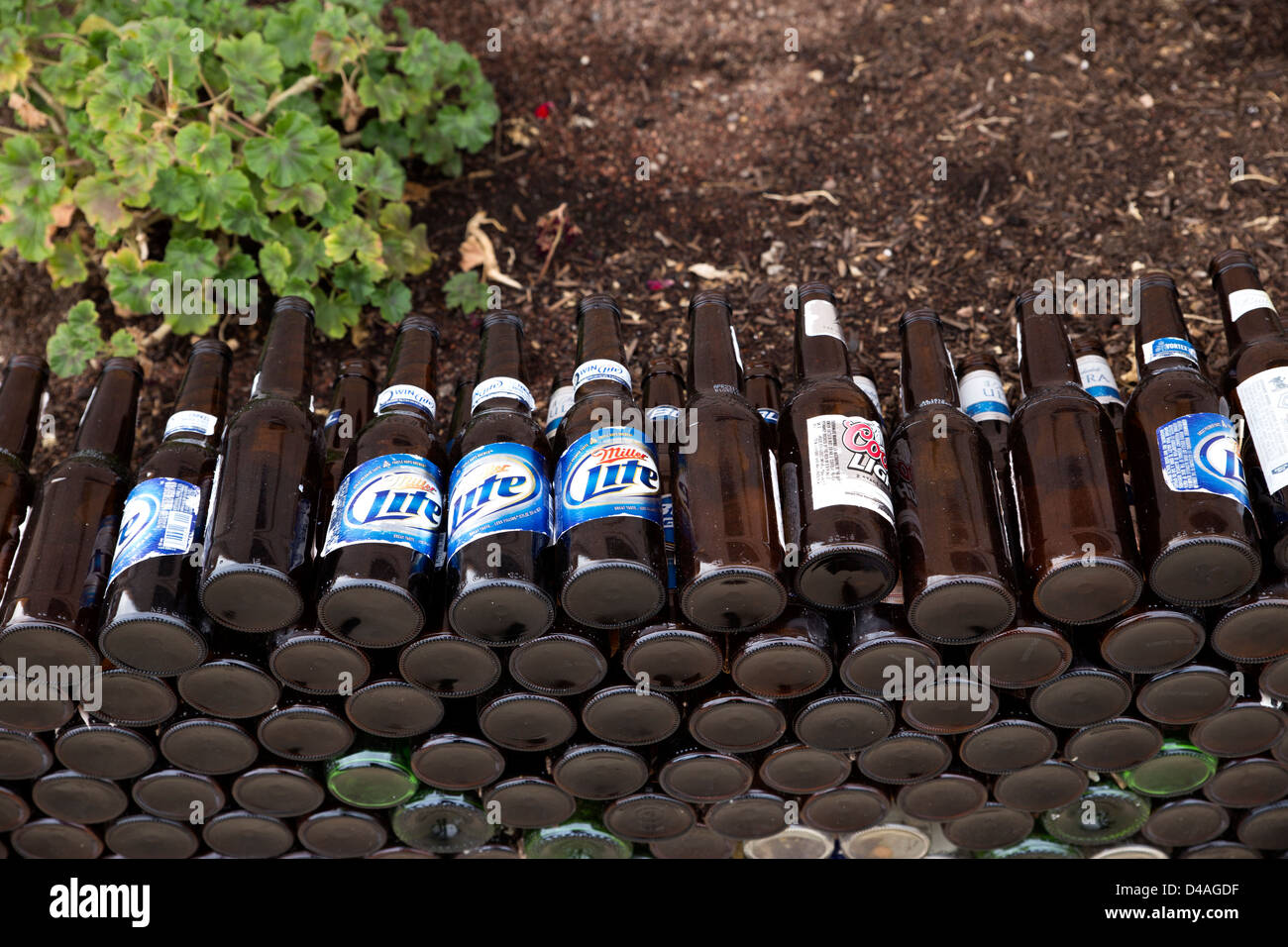 A stack of empty beer bottles in a flowerbed Stock Photo - Alamy
