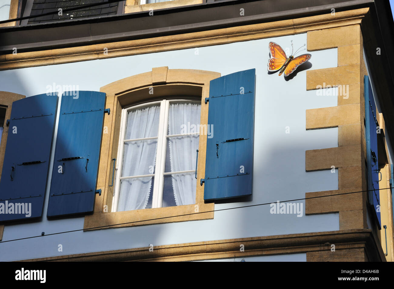 Window with blue shutters, Neuchatel, Switzerland Stock Photo - Alamy