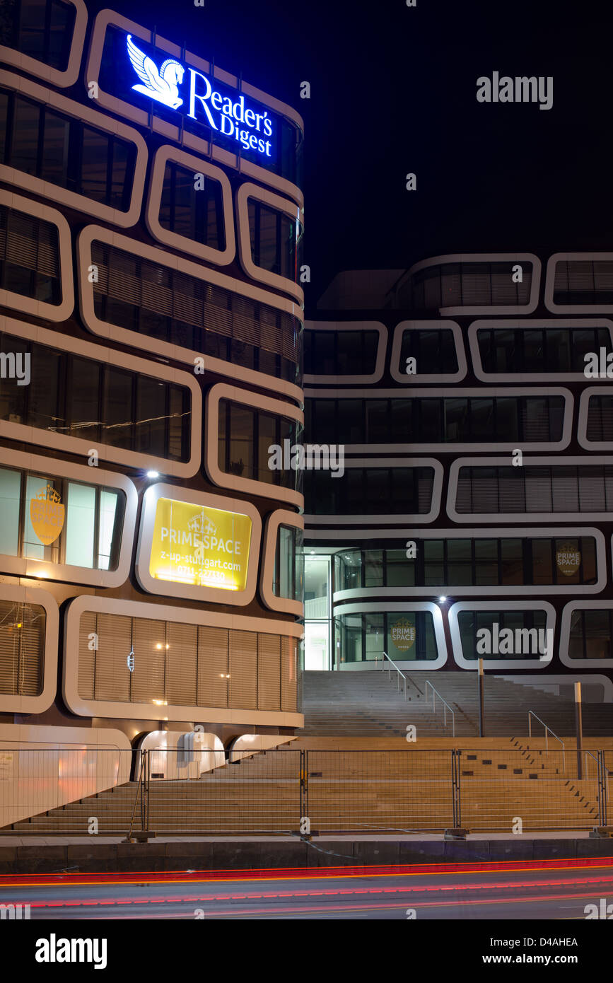 The office building of Reader´s Digest in Stuttgart, Germany at night ...