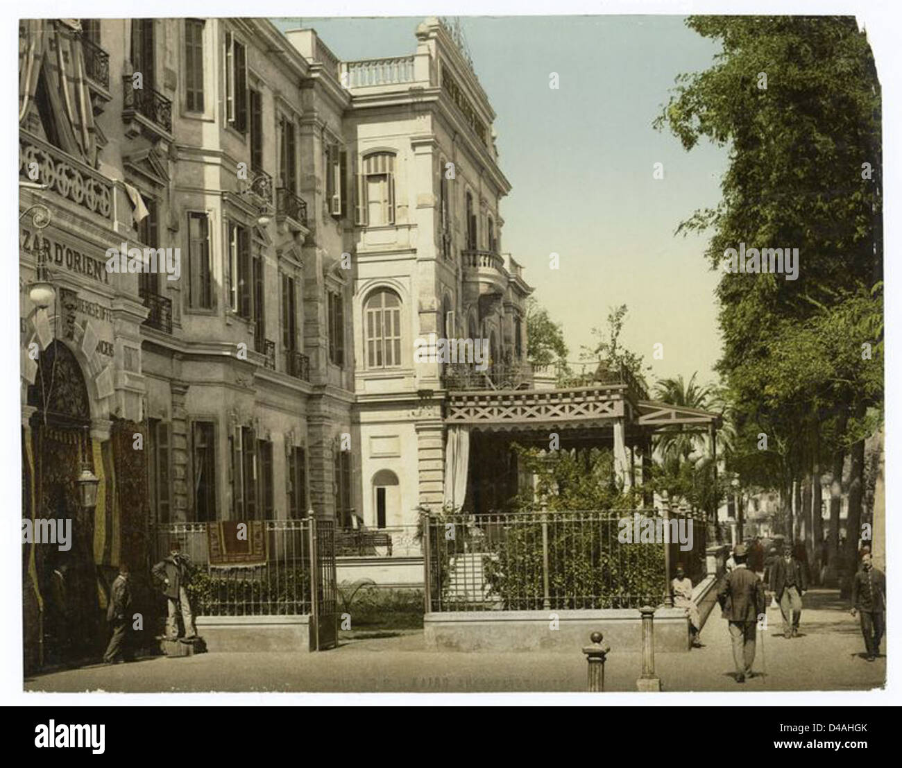 This 1860 image depicts the Shepheard's Hotel in Cairo, Egypt, a luxury ...