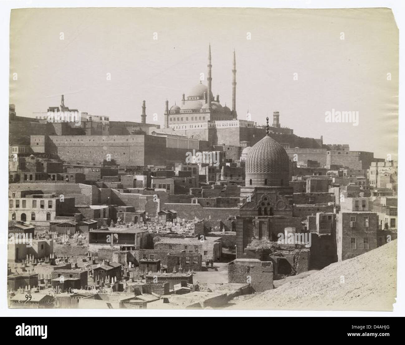 This image depicts the Citadel of Cairo as seen from a cemetery ...
