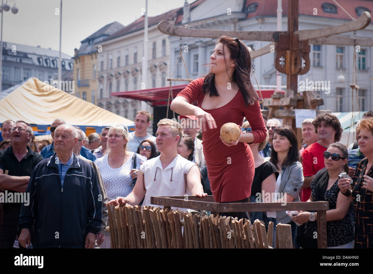Tourist throwing balls,medieval folk festival,Zagreb,Croatia Stock ...