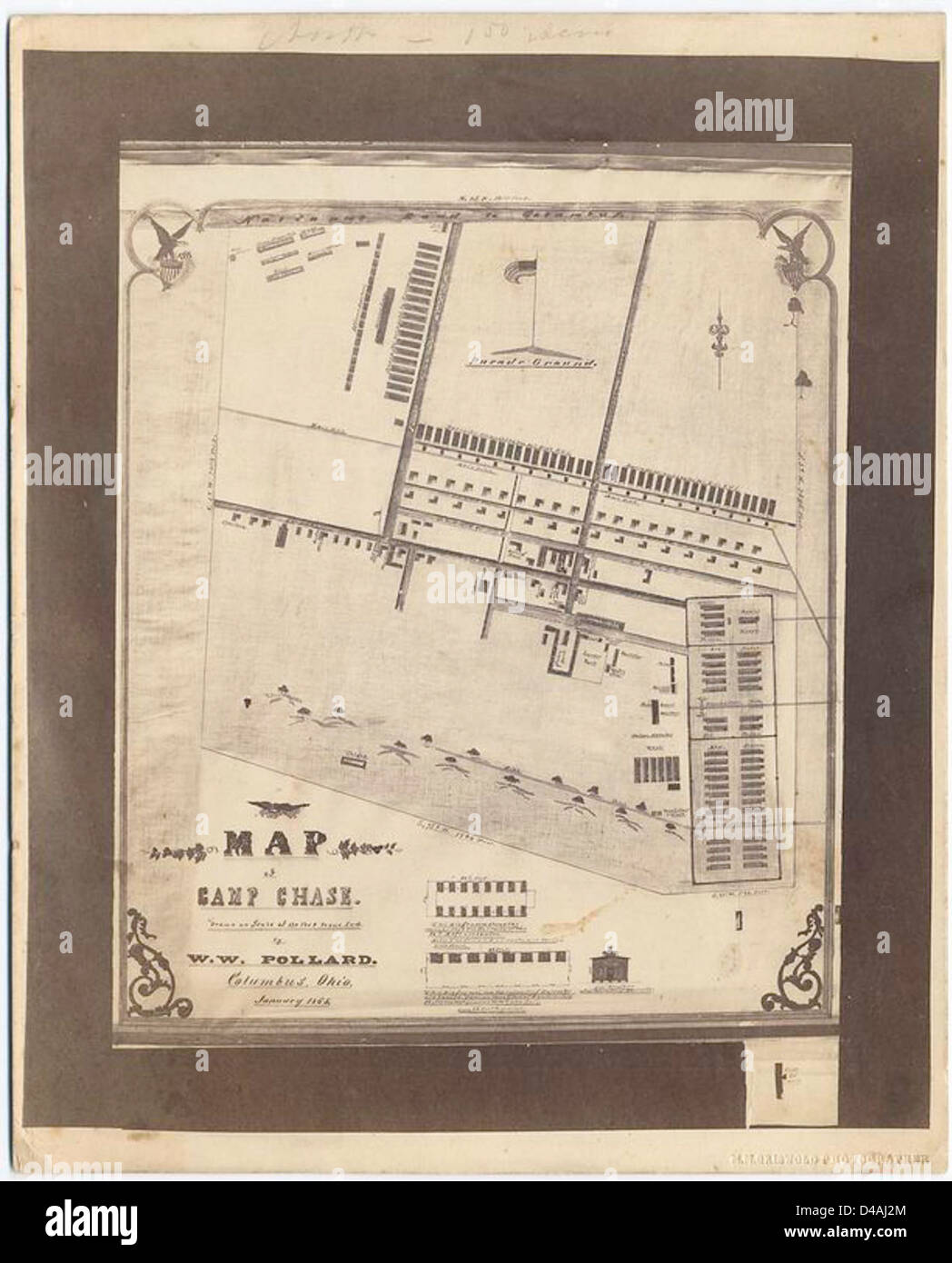 This 1865 map depicts Camp Chase, a Civil War camp in Ohio, drawn to a ...