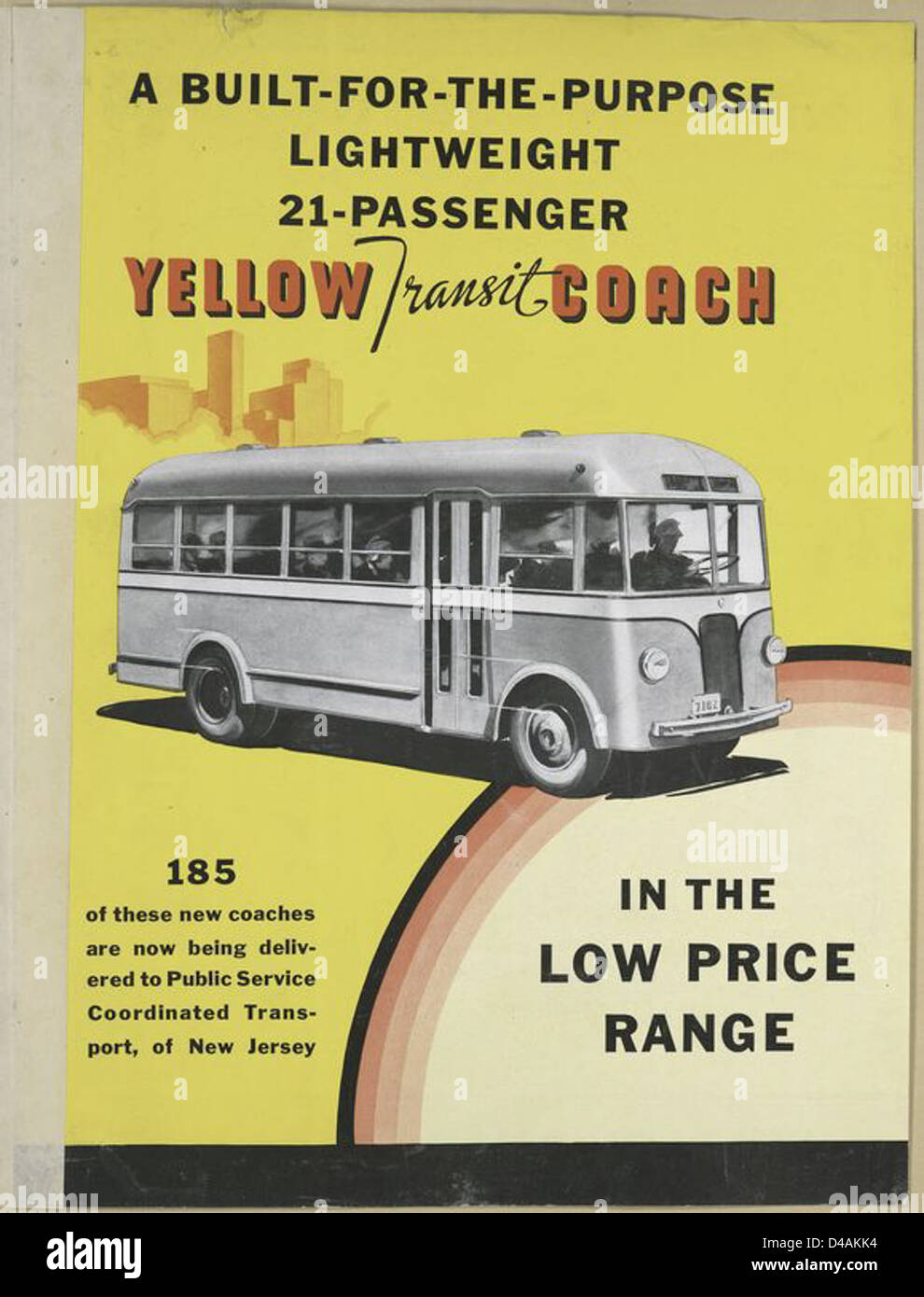 This advertisement showcases a yellow transit coach from General Motors ...